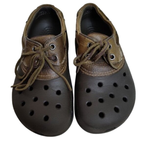 CROCS | Shoes | Crocs Islander Pit Crew Boat Brown Leather Lace Clog ...